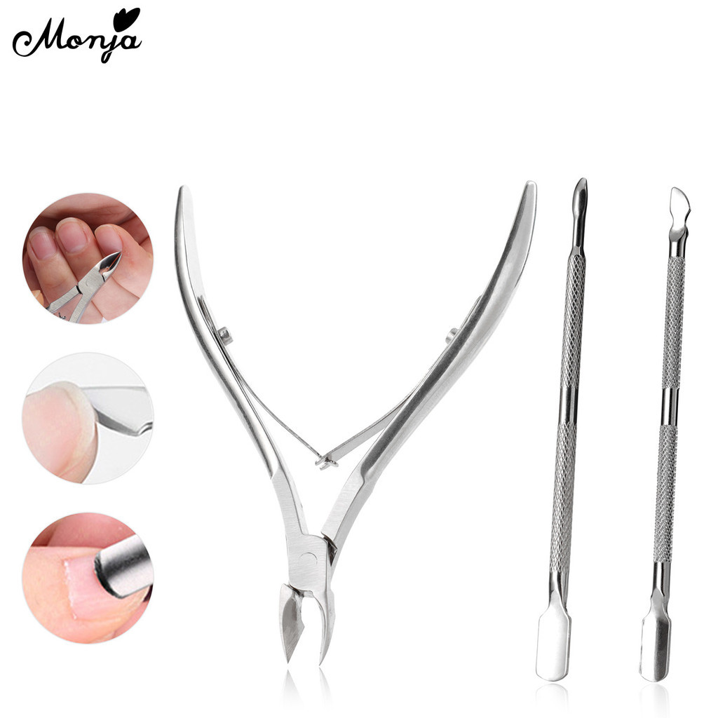 Monja 3Pcs/ Set Stainless Steel Cuticle Scissor Pusher Spoon Dead Skin ...