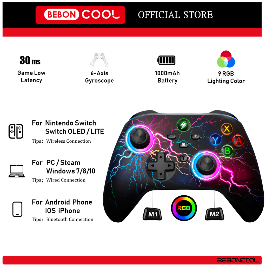 Beboncool Wireless Controller For Nintendo Switch Oled Lite Gamepad With Led Turbo Vibration