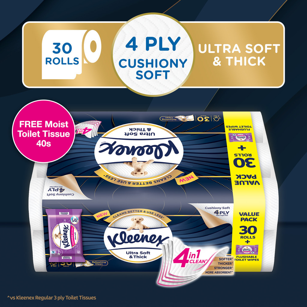 Kleenex Ultra Soft & Thick 4-Ply Toilet Paper / Tissue 30 Rolls + Free ...