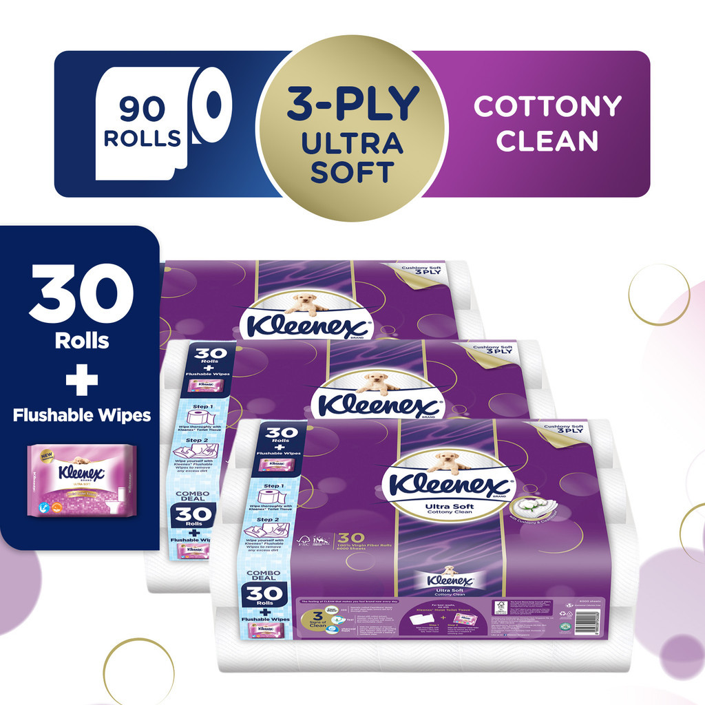 [1 Carton] Kleenex Ultra Soft 3-Ply Toilet Paper 30 Rolls + Free Moist ...