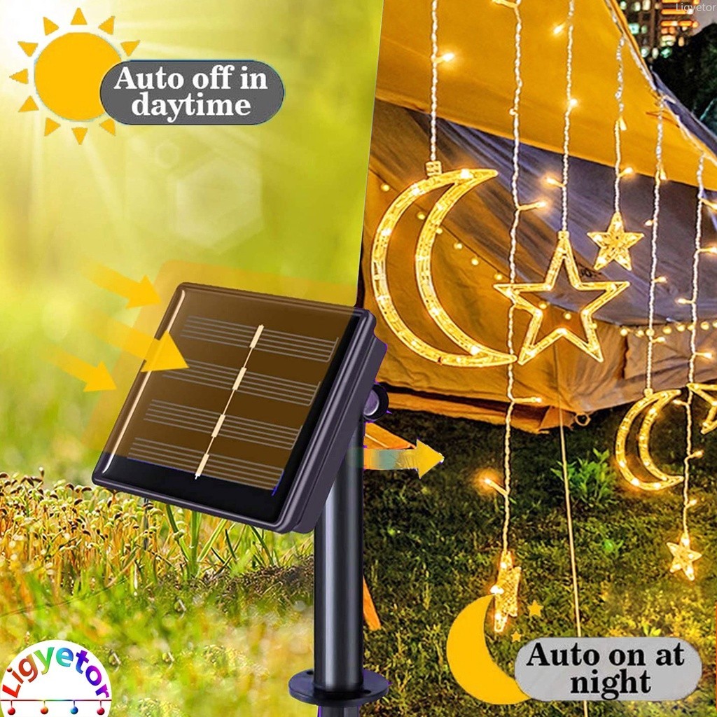 Solar Star Moon String Light Lampu Raya Solar Curtain Lights 8 Modes ...