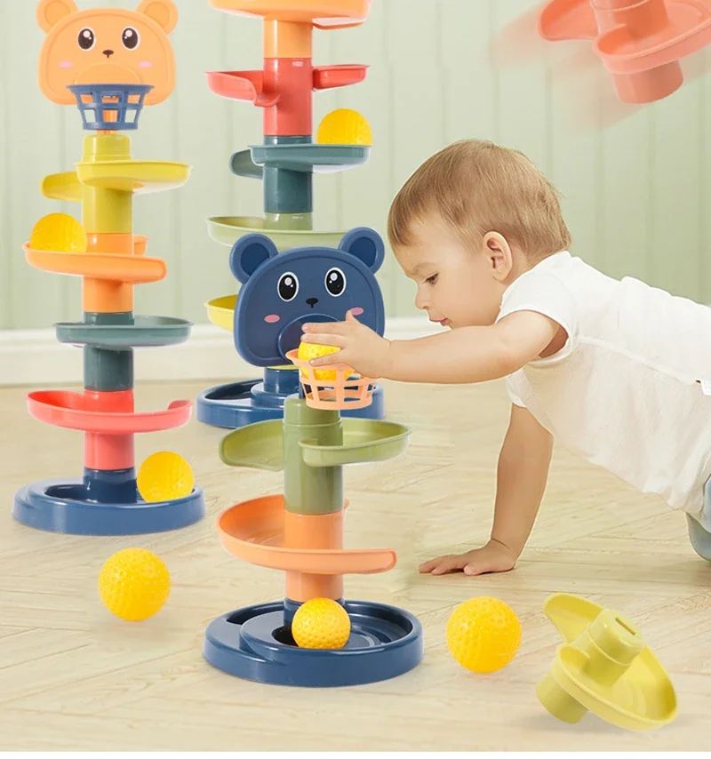 Baby Rotating Track Stacking Montessori Rolling Ball Tower Toys Early ...