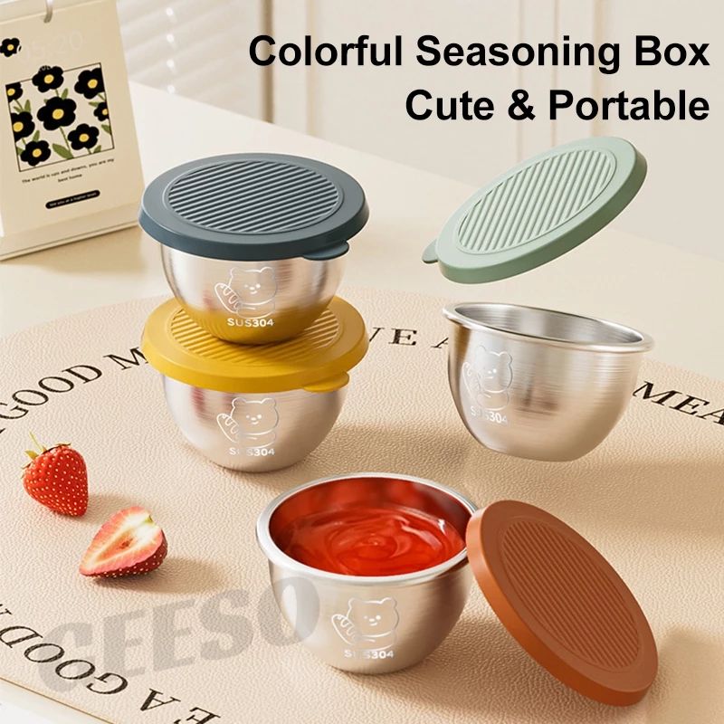 304 Stainless Steel Dipping Sauce Box with Lid, Cute Bear-Shaped Fried ...