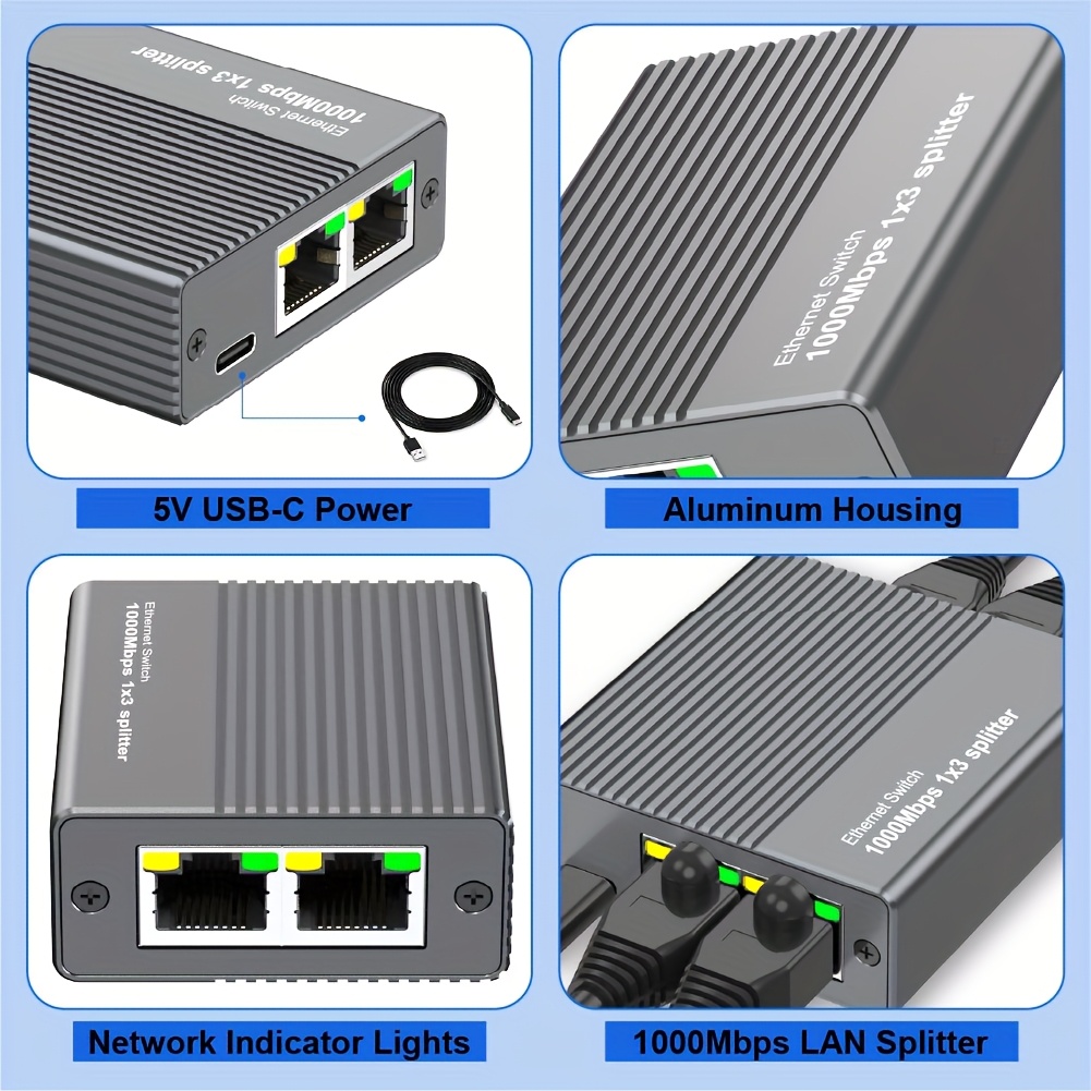 Gigabit Ethernet Switch, 3-Port 1000Mbps RJ45, USB-C Powered, Plug and ...