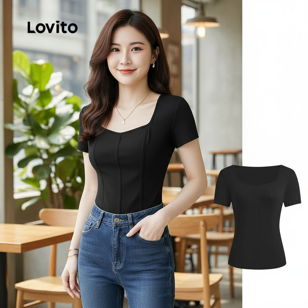 Lovito Casual T-Shirt Structure Line Summer/Spring T-Shirt for Women L123ED116 | Shopee Singapore