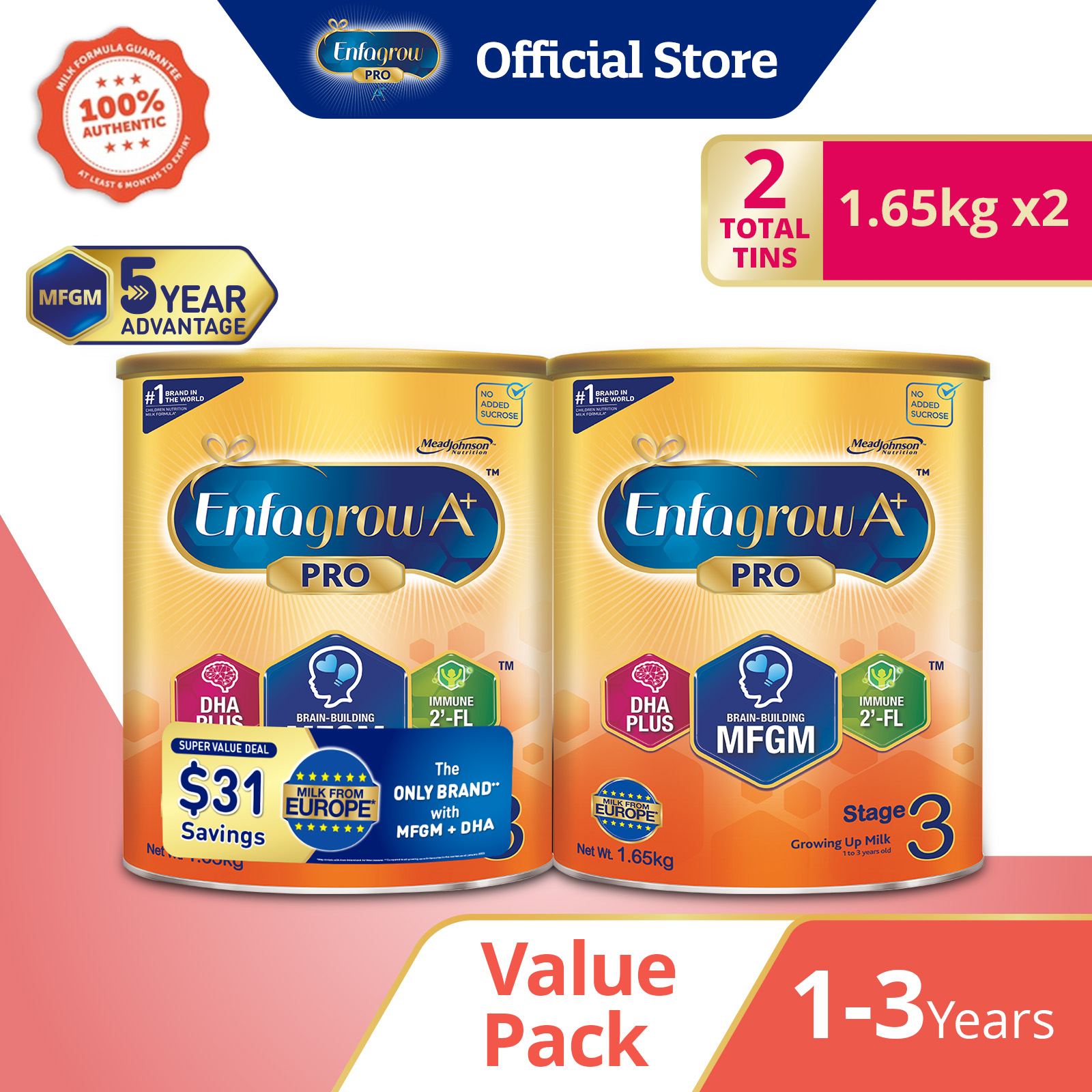 Enfagrow A+ Pro Stage 3 Milk Powder Formula Twin Pack for Children 1 to 3 Years (1.65kg ...