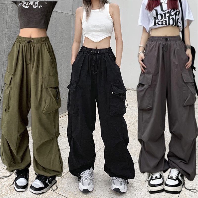 Women Casual Streetwear Cargo Pants Baggy Wide Leg Straight Long Pants ...