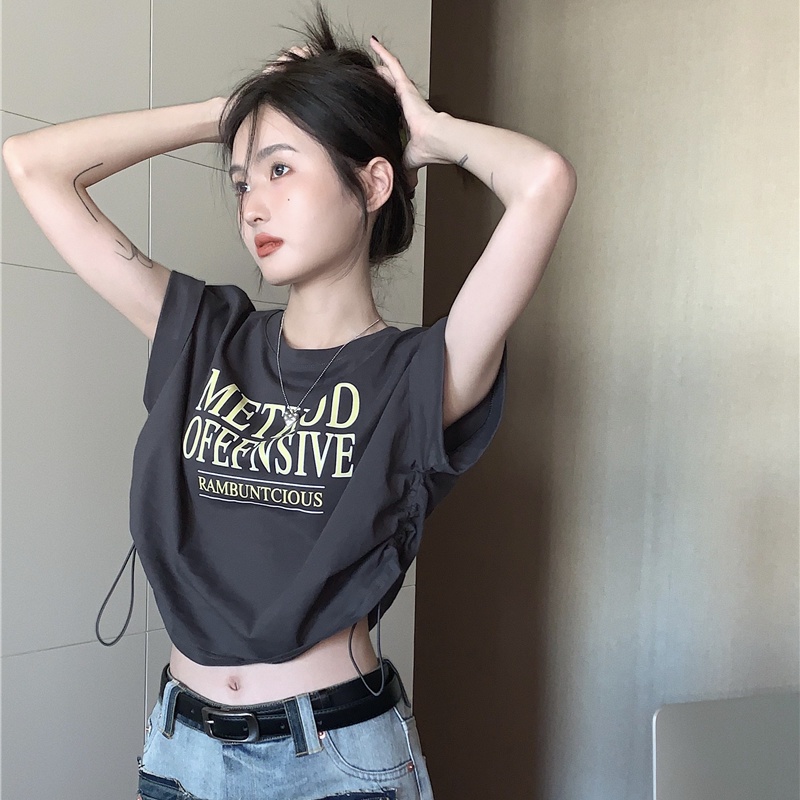 Summer women's 100% cotton printed short sleeve T-shirt drawstring ...