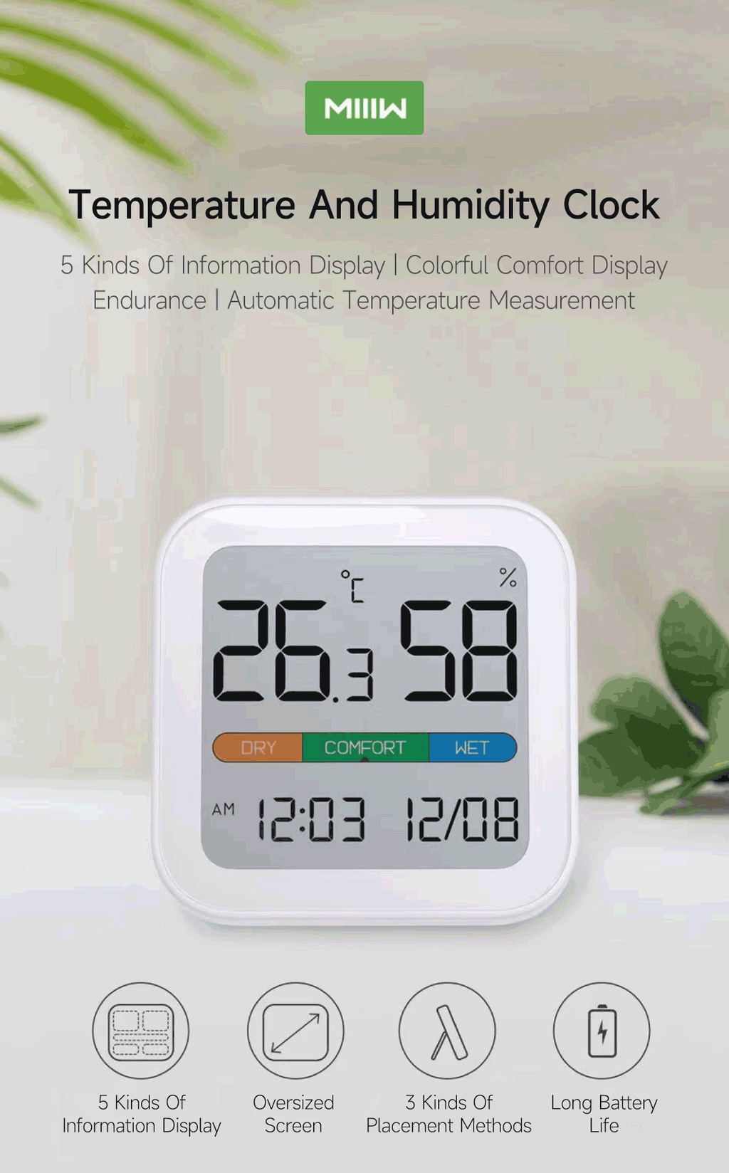 Miiiw Temperature And Humidity Clock Automatic Measurement with Time ...