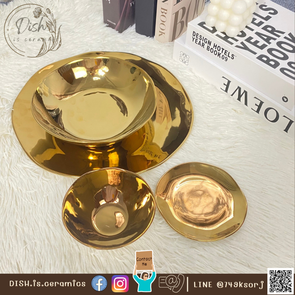 Gold Color Set Plates Bowls Cups Divided Shiny Ceramic Texture Sold ...