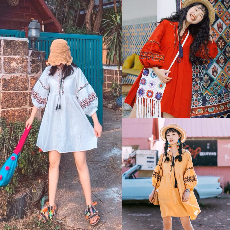 Bohemian Style Cotton Embroidery Mini Dress Boho | Shopee Singapore