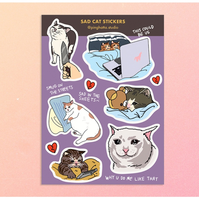 Sad cat Meme Sticker Sheet Waterproof Pattern Chonky Goods Brand ...