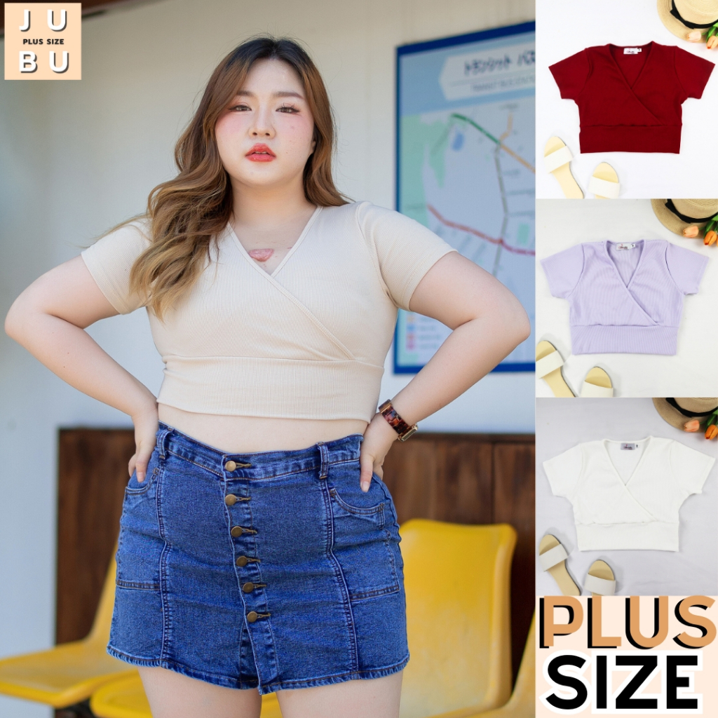 Cross-Front Ribbed Crop Top V-Neck Plus Size Shirt Fabric Bust 34-48 ...