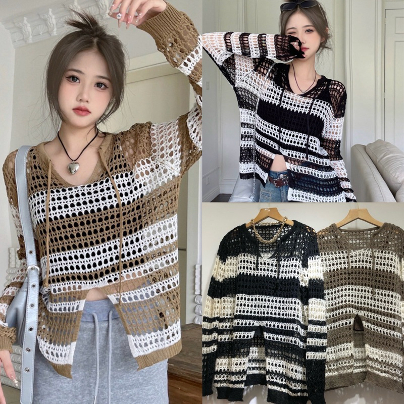 Two-Tone Mesh Sweater With Front Slit Design (There Is A Single Line ...