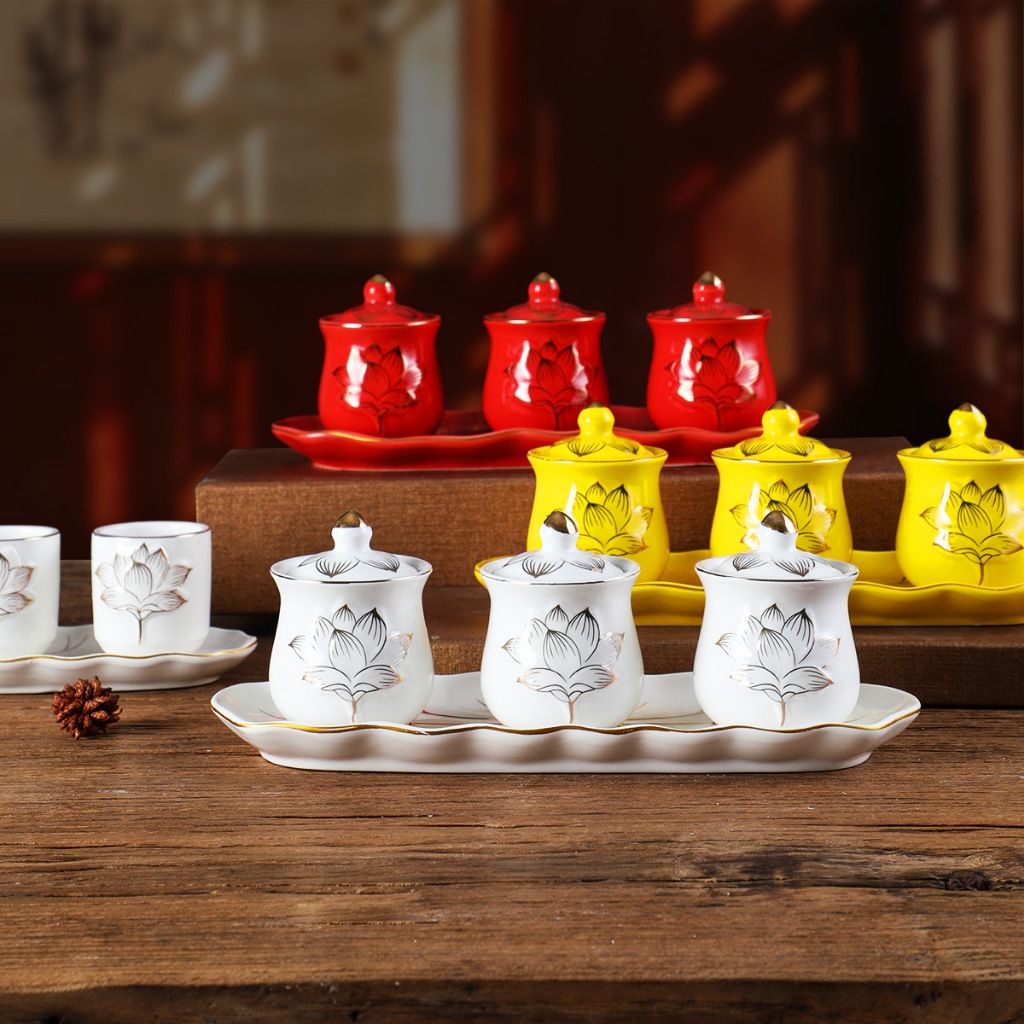 3 Cups Of Wai Red/Gold/White Ceramic Tea Set With Base (D101) Sent From ...