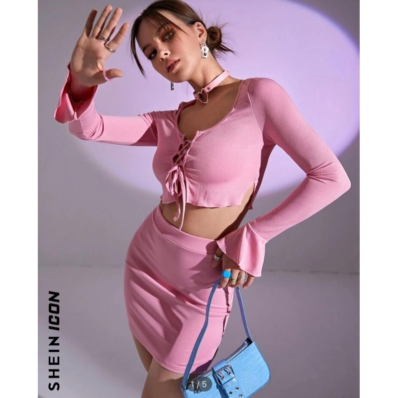 Used 2nd Hand Set Shirt + Skirt Shein XS S Can Be Worn With Slit Fabric. | Shopee Singapore