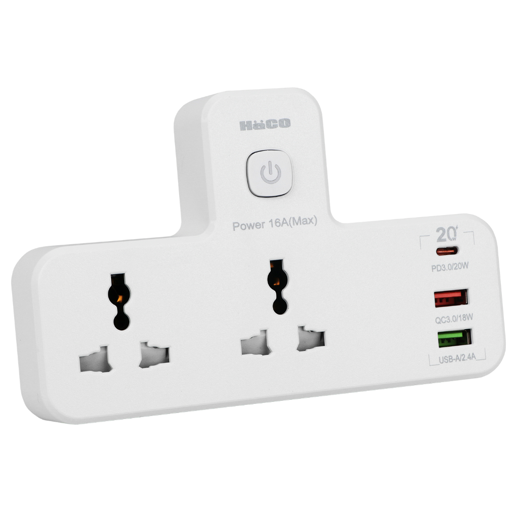 HACO 3-Pin Adapter Universal Socket 2 Channels USB type A + C PD/QC Fast Charge Model ADU20 ...