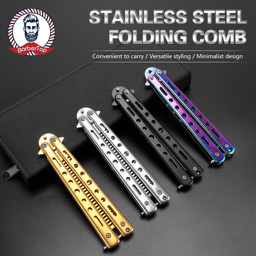 balisong Comb Hair Barber Bottle Opener Stainless Steel Black Silver ...