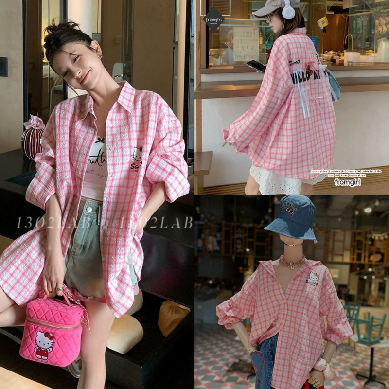 Hello Kitty Shirt Plaid With Screen Printed Ribbon Bow | Shopee Singapore