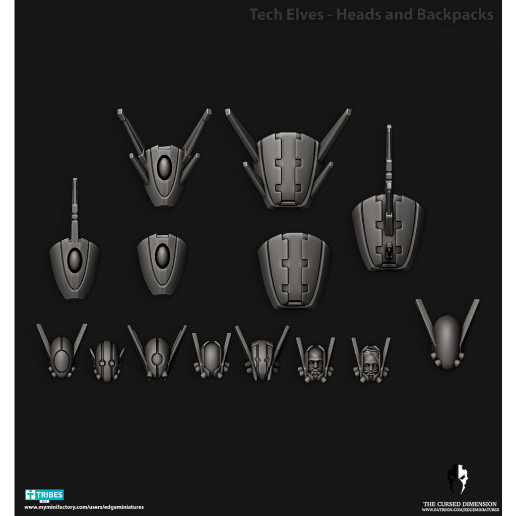 Tech Elves-Heads&Backpacks-3d print miniature boardgame model war game ...