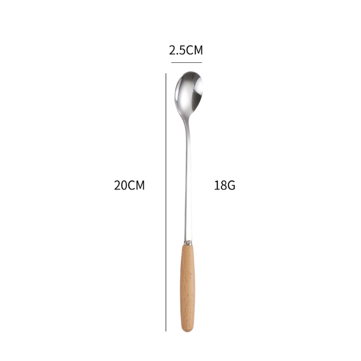 Spoon 20 cm Long Stainless Steel Real Wooden Handle Stir Ingredient For ...