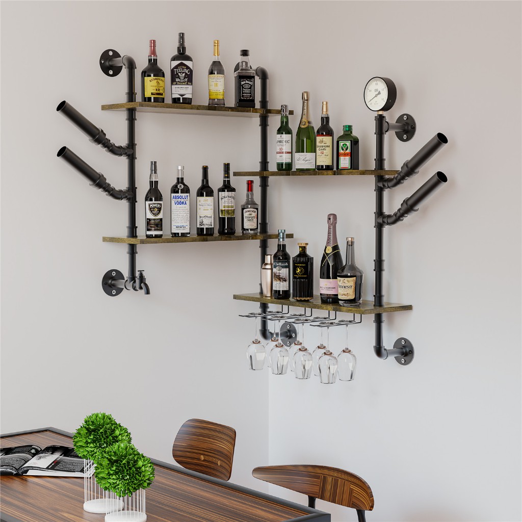 UNHO Industrial Pipe Wine Wall-Mounted 4-Tier Wooden Wall Bar Rack ...