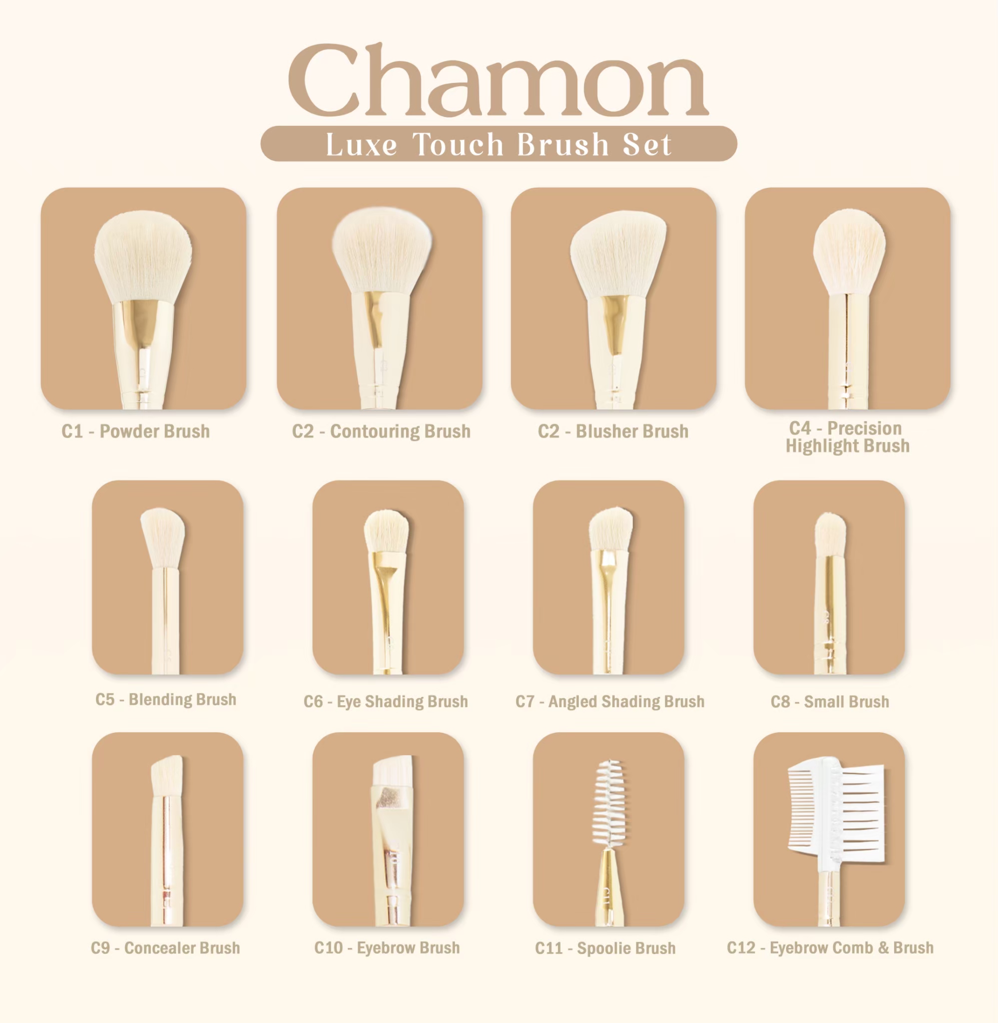CHAMON Luxe Touch Brush Set 10 Makeup Brushes (12 Heads) Soft Hair Does ...