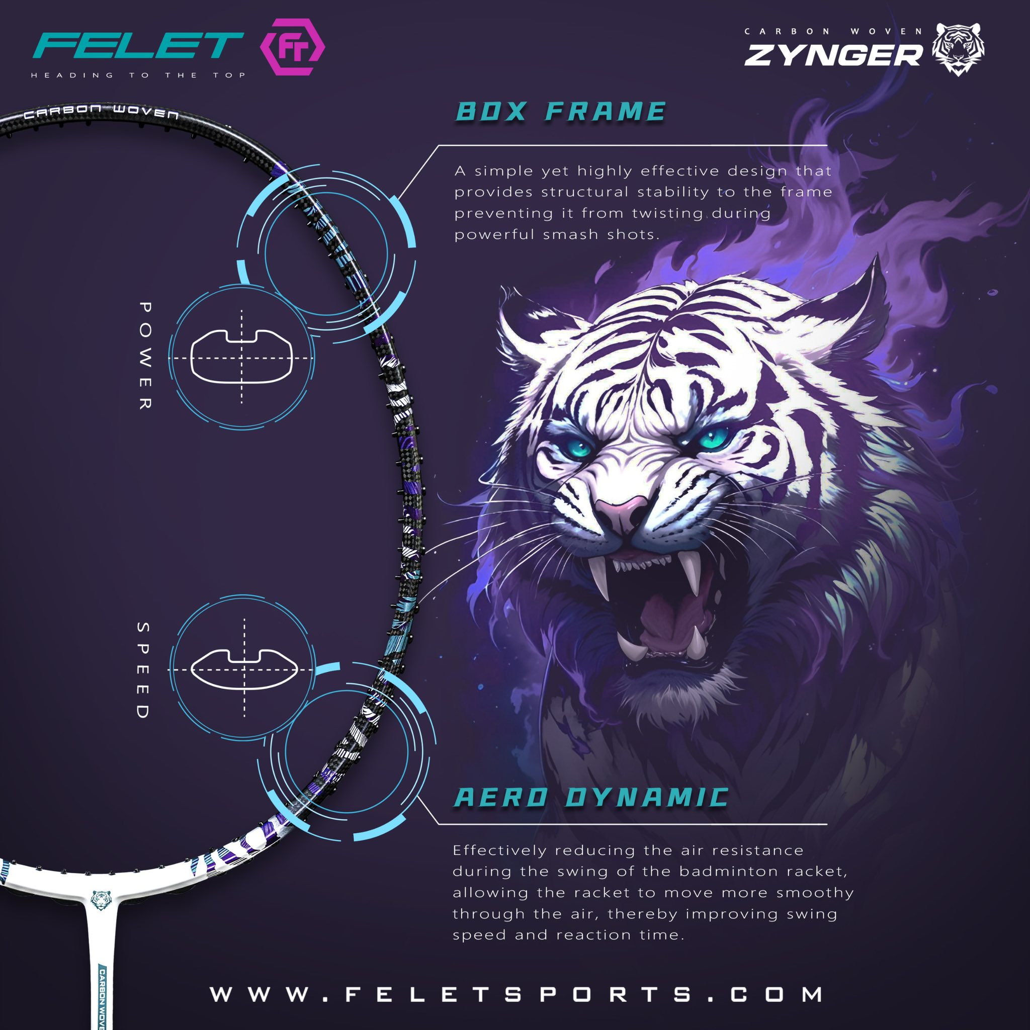 FELET Badminton Racket Model CARBON WOVEN Zyger *** Free Strings Ready ...