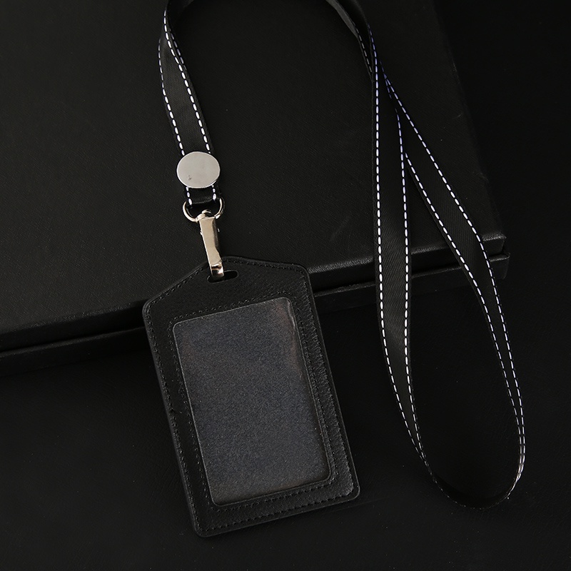 Genuine Leather Identification Card Case Work Holder With Lanyard ...