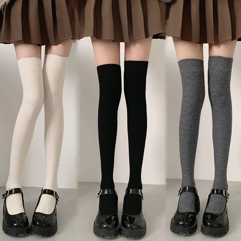 Women splicing knee socks Wool Stripe Pattern Warm Knee High Socks for ...