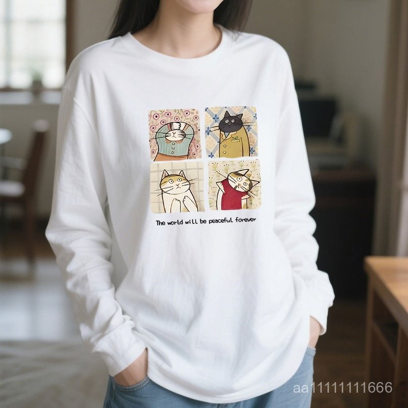 100% Cotton T-Shirt Korean Girl Top Printed Long Sleeve oversize Loose ...