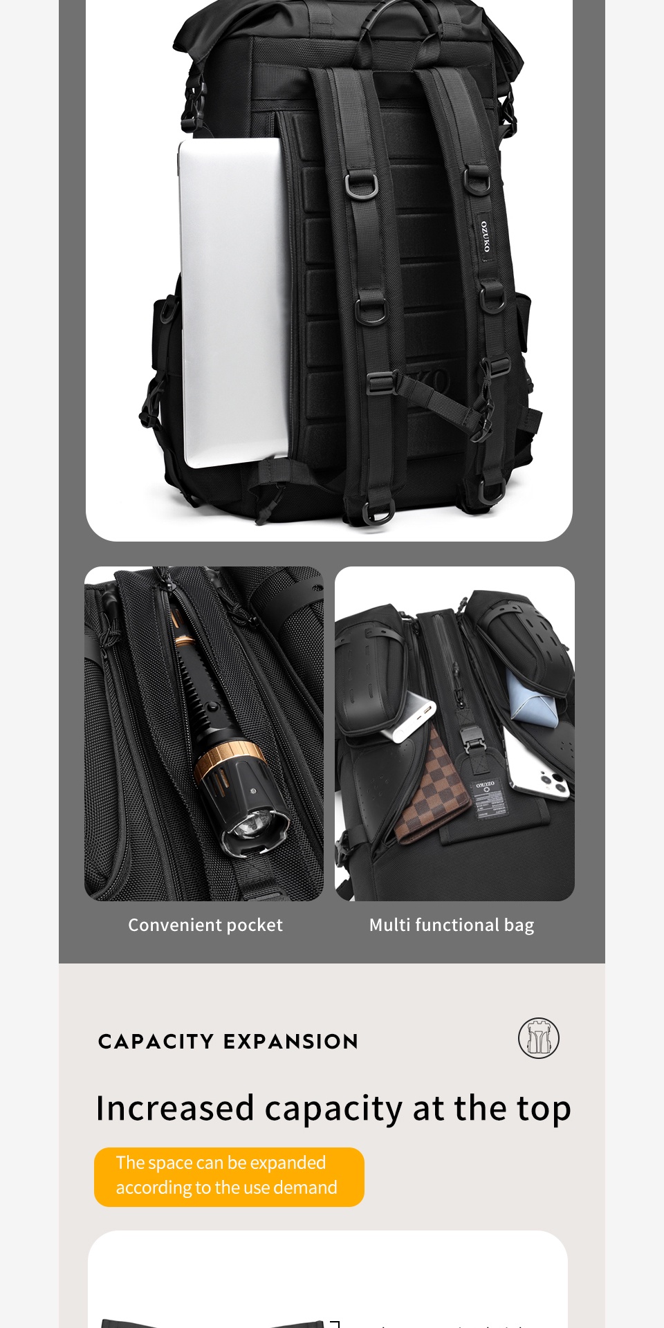 OZUKO Large Capacity Waterproof Outdoor Sports Roll Top Men Backpack ...