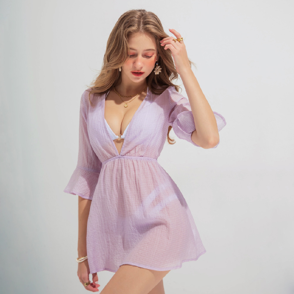 AIR SPACE PLUS Deep V-Neck Transparent Beautiful Back Lotus Leaf Sleeve Dress (White/Purple ...