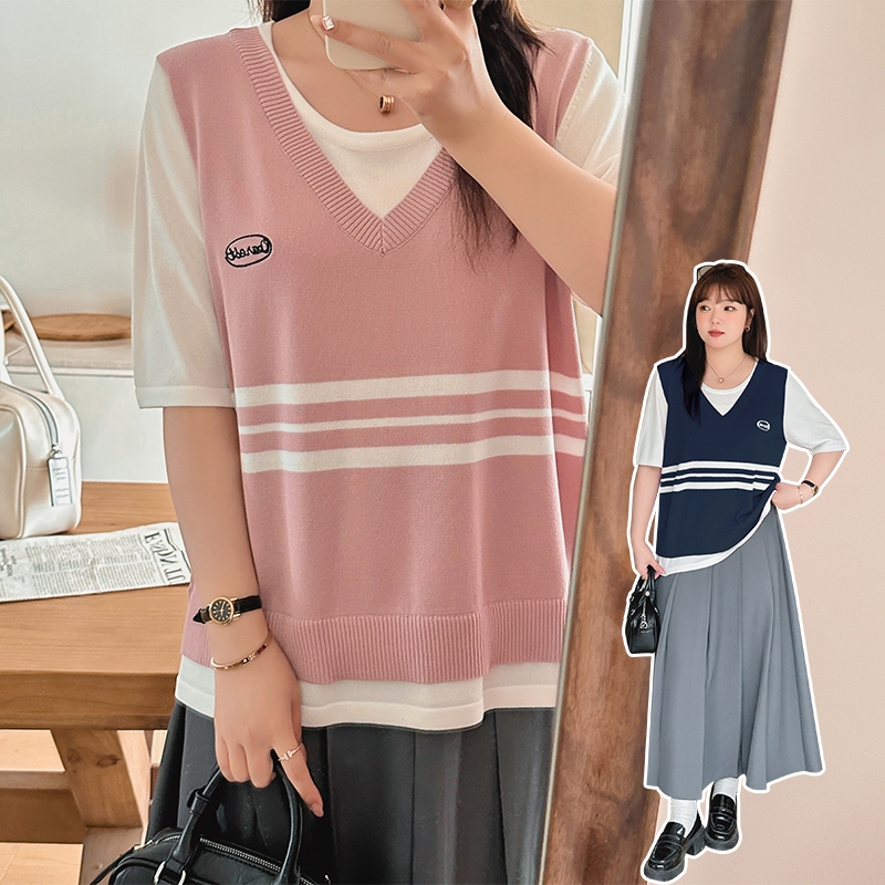 CCGIRL Medium Large Size Classy Preppy Style Fake Two-Piece Embroidered ...