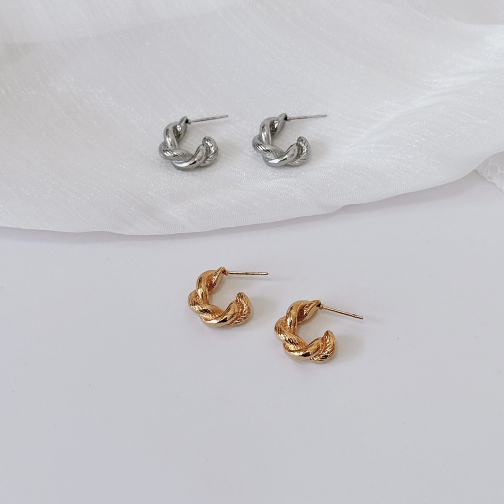 Fat Twist Bread Stud Earrings Titanium Steel 316L Stainless Diamond ...