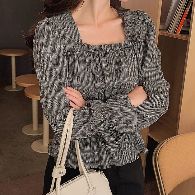 Karina Same Style Genuine Korean Made Plaid Pleated Top blouse 3 Colors ...