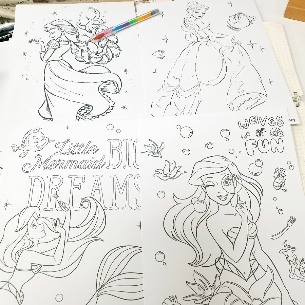 Disney Princess 18k Coloring Paper 15 Sheets With 1 Piece Rainbow Pen ...