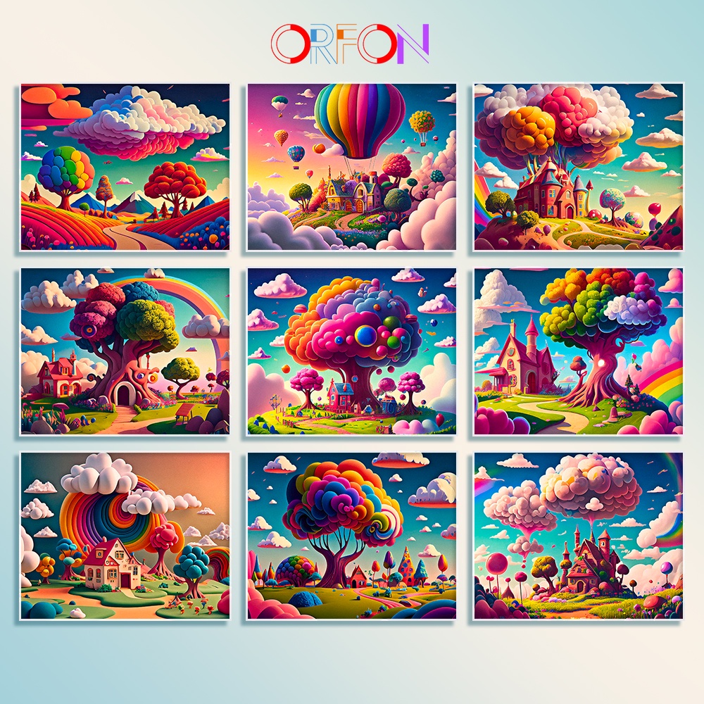 【ORFON】Paint by numbers 20*30/40*50cm DIY frame Candy house under the rainbow DIY oil painting ...