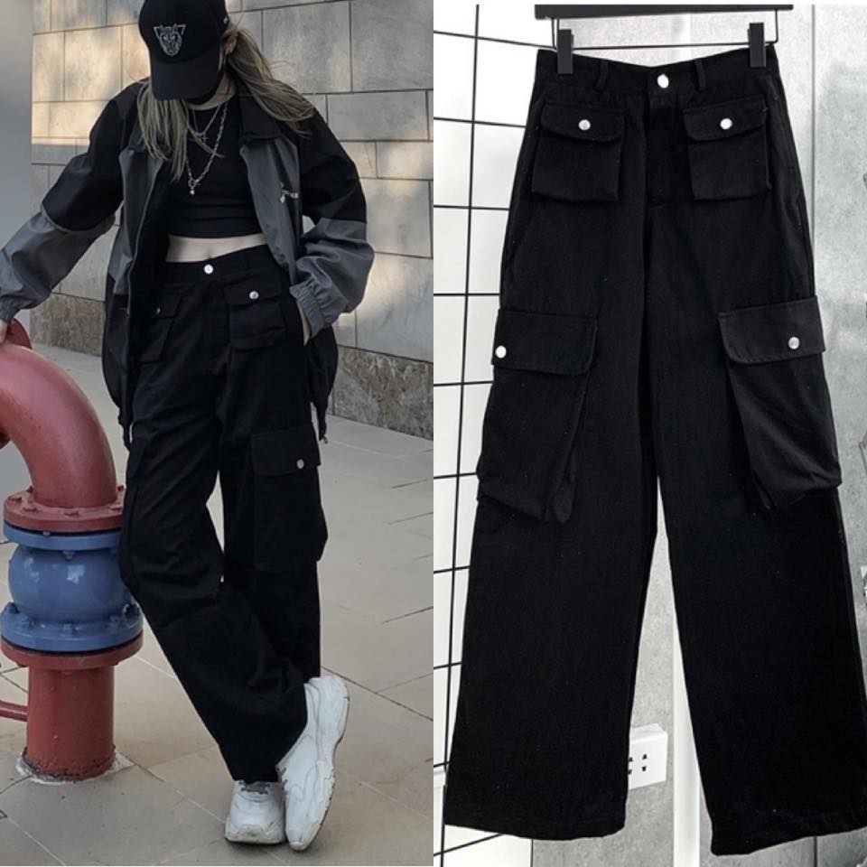 Cargo ROKY khaki pants in BLACK/BEige, long, straight, wide leg, plain ...