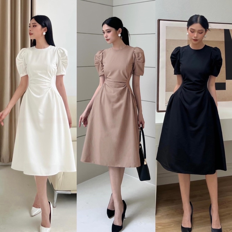 Office party dress with round neck and pleated waist | Shopee Singapore