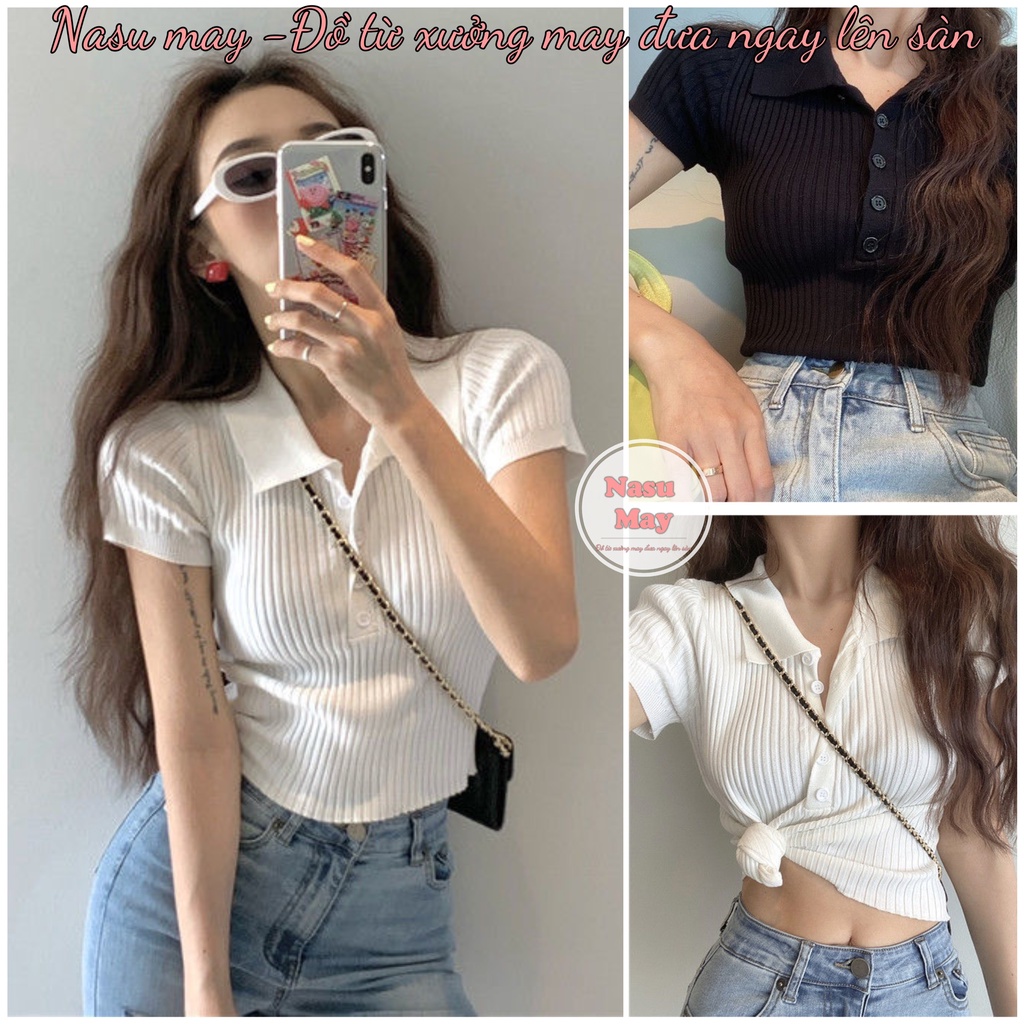 Short-sleeved knitted crop top with 5-button polo neck, tight fit ...