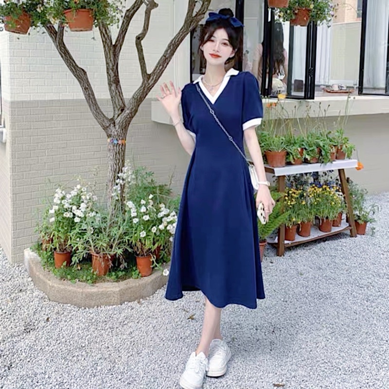 Blue Dress With White Neck Long form (With Real Picture) | Shopee Singapore