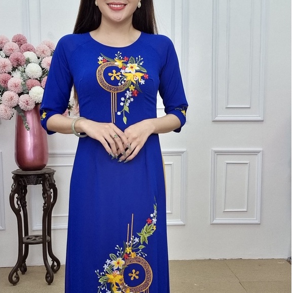 Free 015 blue ao dai embroidered with lanterns - Van Phan Ao Dai (PANT ...