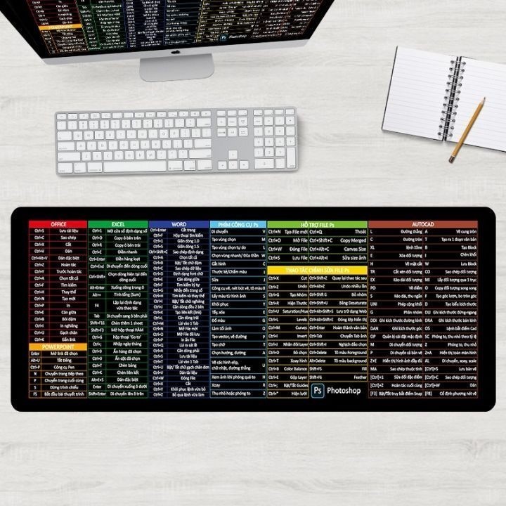 Mouse Pad printed with shortcut keys Excel, MS-Office, Photoshop, Word ...