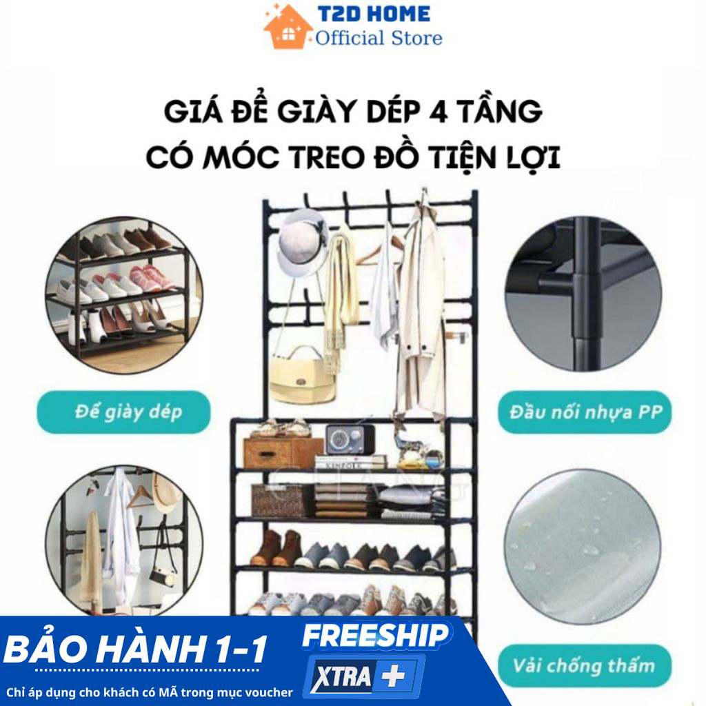 T2DHome shoe rack, smart 4-tier multi-purpose hanging shelf with hooks ...