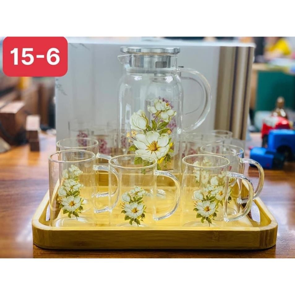 Glass drinking water pitcher set with 6 flower cups (tray not included ...