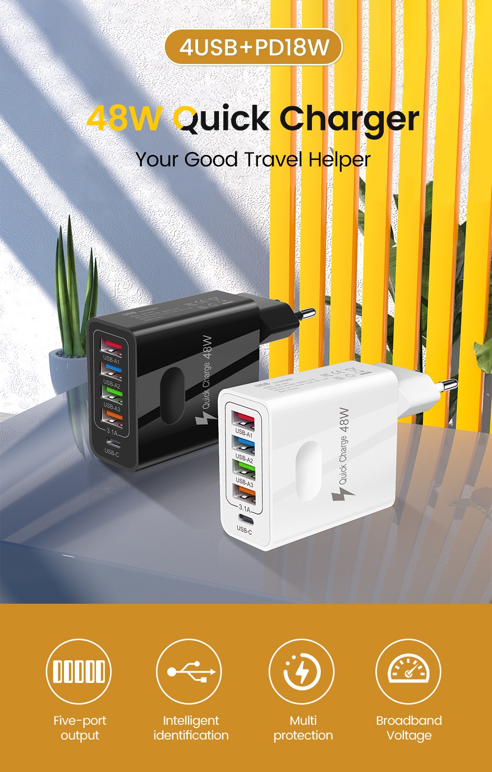 48W USB Port Fast Charging Travel Phone Charger Adapter Wall Plug 4 ...