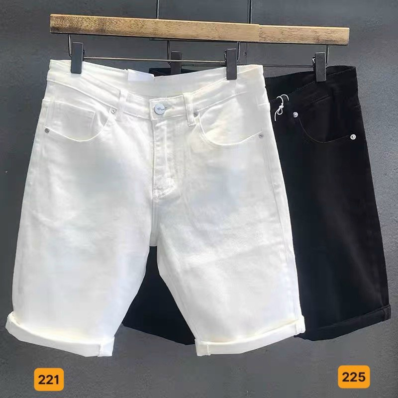 Men's short black and white plain jeans, beautiful basic pattern, thick, soft jeans with ...