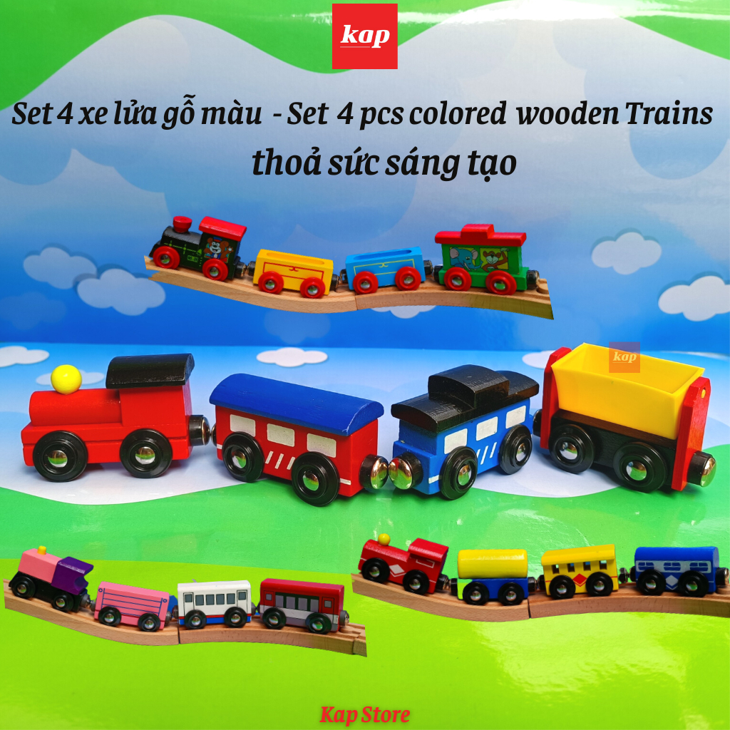 Set of 4 wooden trains with many models that can be played on wooden ...