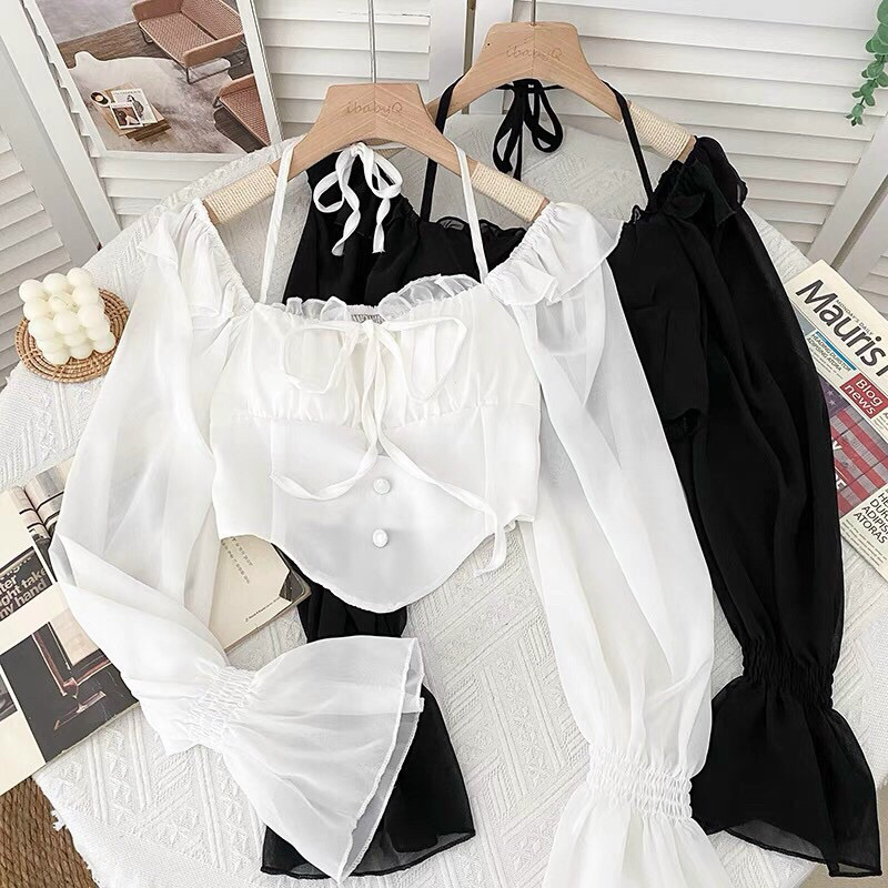 Korean-style crop top with long sleeves in soft chiffon, luxurious ...